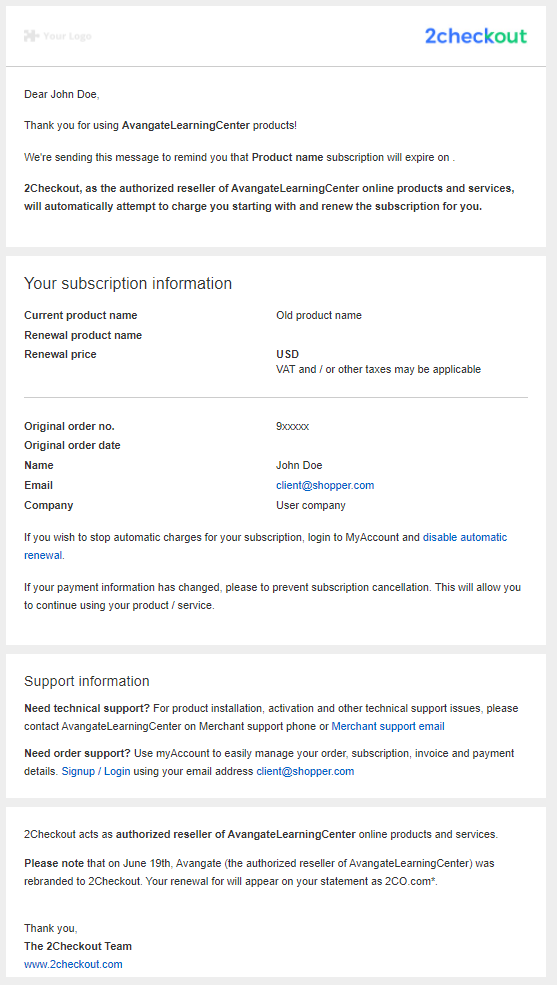 Renewal notifications | Documentation | 2Checkout